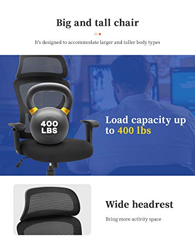 Big and Tall Office Chair Ergonomic Chair 400lbs Wide Seat Executive Desk Chair with Lumbar Support Adjustable Armrest Headrest High Back Mesh Computer Chair Rolling Swivel Task Chair(Black)