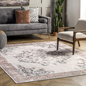 nuloom layna machine washable distressed vintage area rug, 4' x 6', light grey