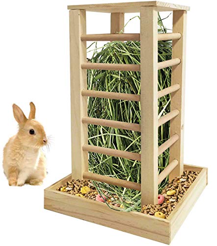 kathson Wooden Hay Feeder Rabbit Less Waste Food Feeding Rack Standing Pet-self Feeding Hay Manager Grass Holder Small Animals Cage Accessories for Bunny Chinchilla Guinea Pig