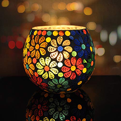 Wedding Parties Lighting Mosaic Glass Votive Halloween Candle Holder Tea Light Candle Holder (4X4.5 Inch)