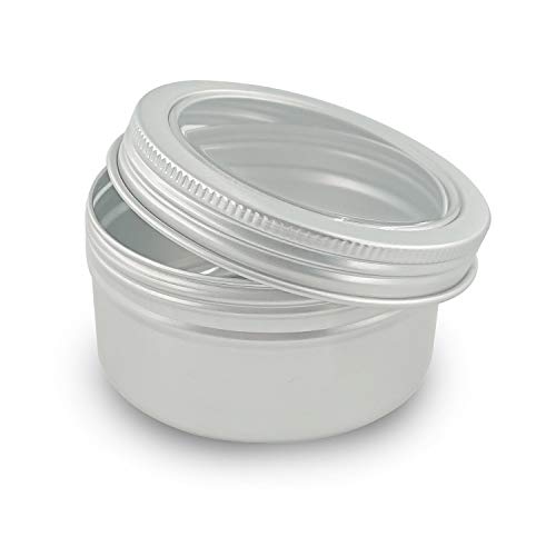 Hulless 4 Ounce Aluminum Cans 120 mL Transparent Top Screw Lid Metal Storage Tins Containers for Storing Spices, Candies, Lip Balm, Candles, 12 Pcs.