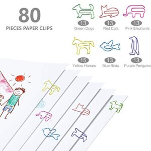 80 PCS Cute Animal Shaped Paperclips, 6 Design and Colors in Gift Box for Students Office Stuffer （Pony, Doggy, Kitten, Bird, Penguin, Elephant）