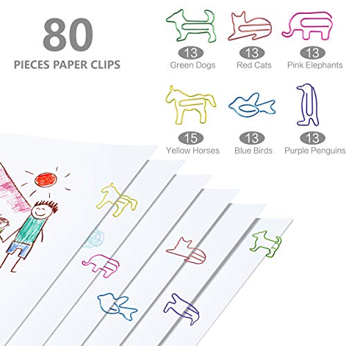 80 PCS Cute Animal Shaped Paperclips, 6 Design and Colors in Gift Box for Students Office Stuffer （Pony, Doggy, Kitten, Bird, Penguin, Elephant）