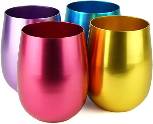 CLW Aluminum Stemless Wine/Old Fashion Glass, Set of 4, 4-Color in a Set (Purple/Blue/Pink/Gold), 12oz (Small)