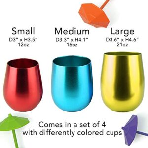 CLW Aluminum Stemless Wine/Old Fashion Glass, Set of 4, 4-Color in a Set (Purple/Blue/Pink/Gold), 12oz (Small)