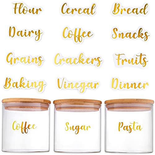 Mint Living Gold Pantry Labels 100 (90 Preprinted +10 Blank) Kitchen Labels - Glossy Water Resistant Sticker for Kitchen & Fridge Pantry Organization Storage Containers Jars Easy Reposition