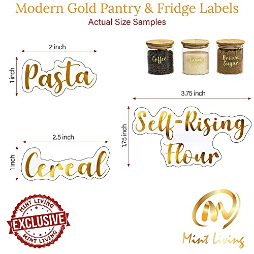 Mint Living Gold Pantry Labels 100 (90 Preprinted +10 Blank) Kitchen Labels - Glossy Water Resistant Sticker for Kitchen & Fridge Pantry Organization Storage Containers Jars Easy Reposition