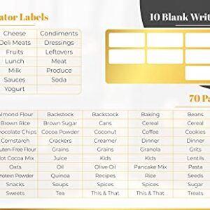 Mint Living Gold Pantry Labels 100 (90 Preprinted +10 Blank) Kitchen Labels - Glossy Water Resistant Sticker for Kitchen & Fridge Pantry Organization Storage Containers Jars Easy Reposition