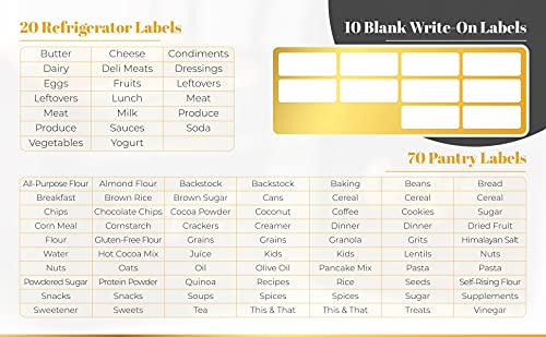 Mint Living Gold Pantry Labels 100 (90 Preprinted +10 Blank) Kitchen Labels - Glossy Water Resistant Sticker for Kitchen & Fridge Pantry Organization Storage Containers Jars Easy Reposition