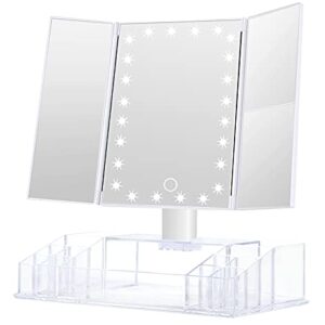 GULAURI Makeup Mirror - Lighted Makeup Mirror with Lights and Magnification, 3x/2x Magnifying, Tri-Fold Cosmetic Vanity Mirror with 24 LED Light and Storage, Touch Screen, 180 Degree Adjustable,White