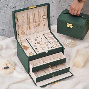 volance jewelry box organizer for women girls,3 layer medium sized pu leather jewelry storage box with lock and removable tray,for necklace earrings rings bracelets - green