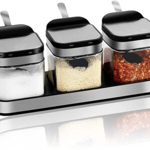 Condiment Jar Spice Container with 304 Stainless Steel Lids and Spoons,Clear Glass Condiment Canisters Pots Seasoning Box Salt Container Sugar Bowl Set of 3 for Kitchen, Counter, Food Storage