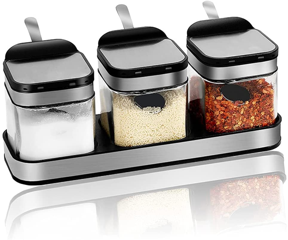 Condiment Jar Spice Container with 304 Stainless Steel Lids and Spoons,Clear Glass Condiment Canisters Pots Seasoning Box Salt Container Sugar Bowl Set of 3 for Kitchen, Counter, Food Storage