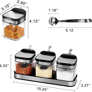 Condiment Jar Spice Container with 304 Stainless Steel Lids and Spoons,Clear Glass Condiment Canisters Pots Seasoning Box Salt Container Sugar Bowl Set of 3 for Kitchen, Counter, Food Storage