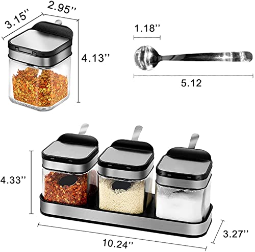 Condiment Jar Spice Container with 304 Stainless Steel Lids and Spoons,Clear Glass Condiment Canisters Pots Seasoning Box Salt Container Sugar Bowl Set of 3 for Kitchen, Counter, Food Storage