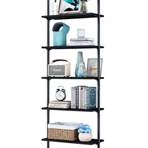 ODK 5-Tier Ladder Shelf, 74 Inches Wall Mounted Ladder Bookshelf with Metal Frame, Open Industrial Shelves for Home Office, Bedroom and Living Room, Black