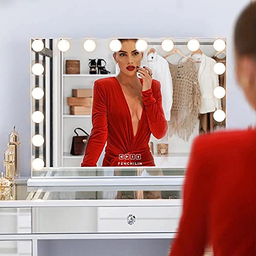 FENCHILIN Vanity Mirror for Makeup Bluetooth, Extra Large Hollywood Lighted Mirror with 18 Dimming LED Bulbs Smart, Tabletop/Hanging Cosmetic Mirror with Touch Screen & USB Charging Port & Speaker