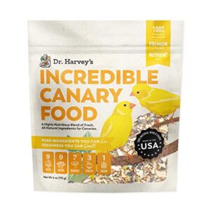 dr. harvey's incredible canary food, wholesome seeds, nuts, fruits, and vegetables bird feed for singing canaries, trial size (4 oz)