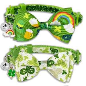 pohshido 2 pack st. patrick's cat collar with bow tie and bell, kitty kitten breakaway lucky irish shamrock collar for girls and boys male female cats (the lucky one)