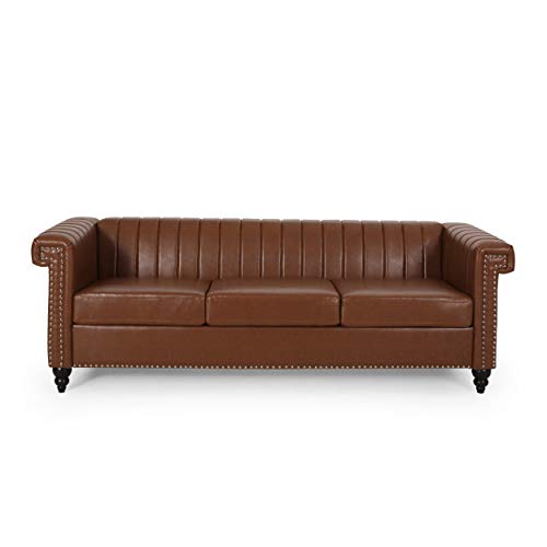 Christopher Knight Home Drury Channel Stitch 3 Seater Sofa with Nailhead Trim - Cognac Brown/Dark Brown