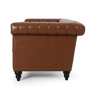 Christopher Knight Home Drury Channel Stitch 3 Seater Sofa with Nailhead Trim - Cognac Brown/Dark Brown