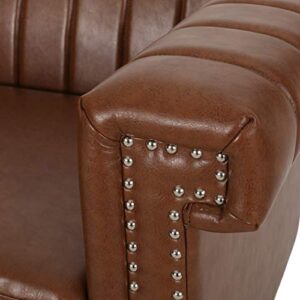 Christopher Knight Home Drury Channel Stitch 3 Seater Sofa with Nailhead Trim - Cognac Brown/Dark Brown