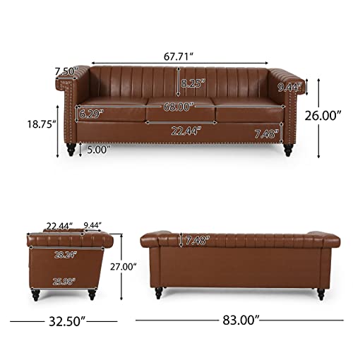 Christopher Knight Home Drury Channel Stitch 3 Seater Sofa with Nailhead Trim - Cognac Brown/Dark Brown