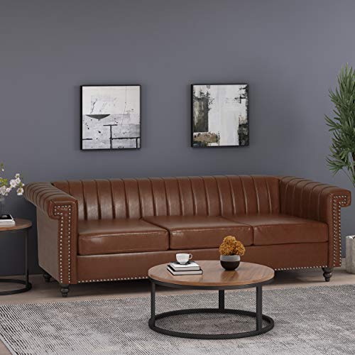 Christopher Knight Home Drury Channel Stitch 3 Seater Sofa with Nailhead Trim - Cognac Brown/Dark Brown