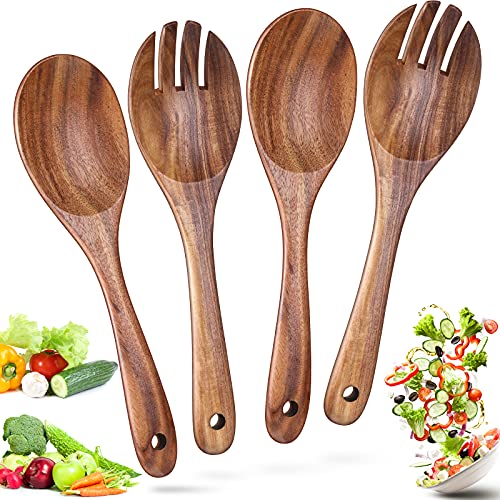 4 Pieces 10.2 Inch Wood Salad Spoons Salad Servers Wooden Serving Spoons and Long Wood Serving Forks Non-Stick Teak Wooden Salad Server Tools for Kitchen Restaurant Salad Gravies Pasta, Easy to Clean