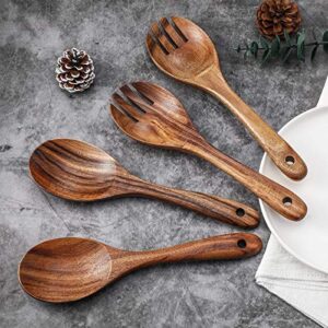 4 Pieces 10.2 Inch Wood Salad Spoons Salad Servers Wooden Serving Spoons and Long Wood Serving Forks Non-Stick Teak Wooden Salad Server Tools for Kitchen Restaurant Salad Gravies Pasta, Easy to Clean