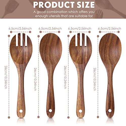 4 Pieces 10.2 Inch Wood Salad Spoons Salad Servers Wooden Serving Spoons and Long Wood Serving Forks Non-Stick Teak Wooden Salad Server Tools for Kitchen Restaurant Salad Gravies Pasta, Easy to Clean