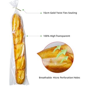 Lesibag 100 Bread Bags with Ties - Vented Micro Perforated Baguettes Bags for Homemade Bread and Bakery Loaf Adjustable Reusable - 6 x 28 Inch