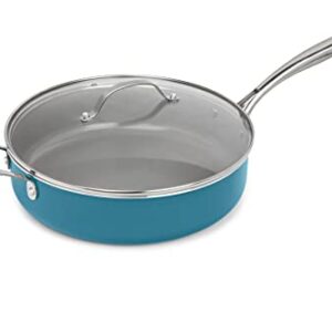 Gotham Steel Nonstick 5.5 Quart Sauté Pan with Lid, Ceramic Jumbo Cooker Fry Pan with Glass Lid, Stay Cool Handle + Helper Handle, Oven, Stovetop & Dishwasher Safe, 100% PFOA Free, Aqua Blue