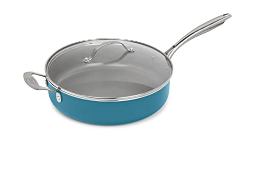 Gotham Steel Nonstick 5.5 Quart Sauté Pan with Lid, Ceramic Jumbo Cooker Fry Pan with Glass Lid, Stay Cool Handle + Helper Handle, Oven, Stovetop & Dishwasher Safe, 100% PFOA Free, Aqua Blue