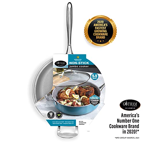 Gotham Steel Nonstick 5.5 Quart Sauté Pan with Lid, Ceramic Jumbo Cooker Fry Pan with Glass Lid, Stay Cool Handle + Helper Handle, Oven, Stovetop & Dishwasher Safe, 100% PFOA Free, Aqua Blue