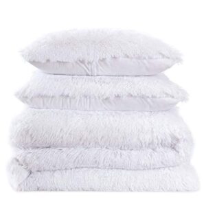 Sweet Home Collection Plush Shaggy Comforter Set Ultra Soft Luxurious Faux Fur Decorative Fluffy Crystal Velvet Bedding with 2 Shams, Queen, White