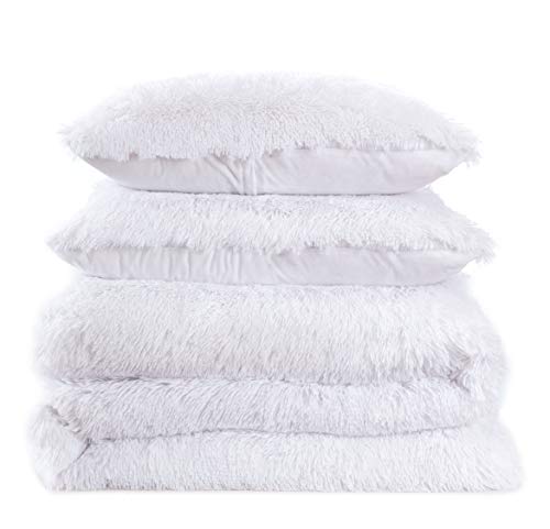 Sweet Home Collection Plush Shaggy Comforter Set Ultra Soft Luxurious Faux Fur Decorative Fluffy Crystal Velvet Bedding with 2 Shams, Queen, White