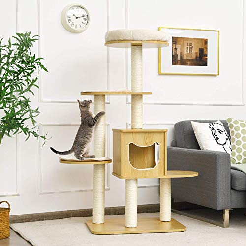 Tangkula Modern Wood Cat Tree, 53 Inches Cat Tower with Platform, Cat Activity Center with Scratching Posts and Washable Cushions, Wooden Cat Condo Furniture for Kittens and Cats (Natural)