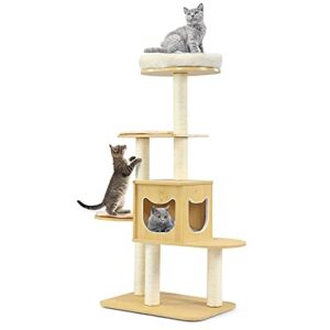 Tangkula Modern Wood Cat Tree, 53 Inches Cat Tower with Platform, Cat Activity Center with Scratching Posts and Washable Cushions, Wooden Cat Condo Furniture for Kittens and Cats (Natural)