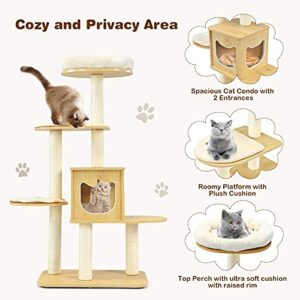 Tangkula Modern Wood Cat Tree, 53 Inches Cat Tower with Platform, Cat Activity Center with Scratching Posts and Washable Cushions, Wooden Cat Condo Furniture for Kittens and Cats (Natural)