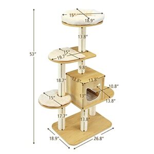 Tangkula Modern Wood Cat Tree, 53 Inches Cat Tower with Platform, Cat Activity Center with Scratching Posts and Washable Cushions, Wooden Cat Condo Furniture for Kittens and Cats (Natural)