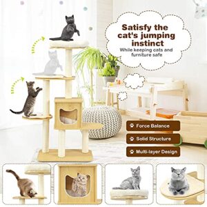 Tangkula Modern Wood Cat Tree, 53 Inches Cat Tower with Platform, Cat Activity Center with Scratching Posts and Washable Cushions, Wooden Cat Condo Furniture for Kittens and Cats (Natural)