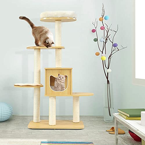 Tangkula Modern Wood Cat Tree, 53 Inches Cat Tower with Platform, Cat Activity Center with Scratching Posts and Washable Cushions, Wooden Cat Condo Furniture for Kittens and Cats (Natural)