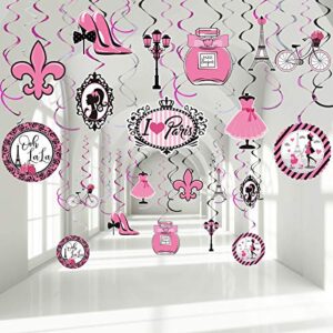 30 pieces paris party decorations, pink paris party hanging swirl ooh la la eiffel tower sign foil ceiling streamers decor for paris birthday theme party girl party baby shower supplies