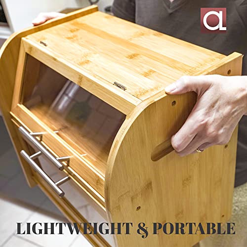 Arise Stylish Bamboo Bread Box for Kitchen Countertop, Extra Large 2-Shelf Wooden Bread Storage with Clear Windows and Air Vents Keeps Bread, Bagels and Rolls Fresh, Self Assembly