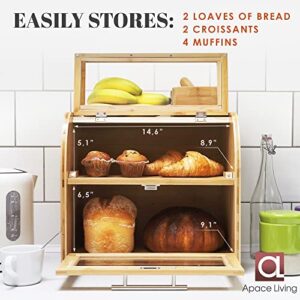 Arise Stylish Bamboo Bread Box for Kitchen Countertop, Extra Large 2-Shelf Wooden Bread Storage with Clear Windows and Air Vents Keeps Bread, Bagels and Rolls Fresh, Self Assembly