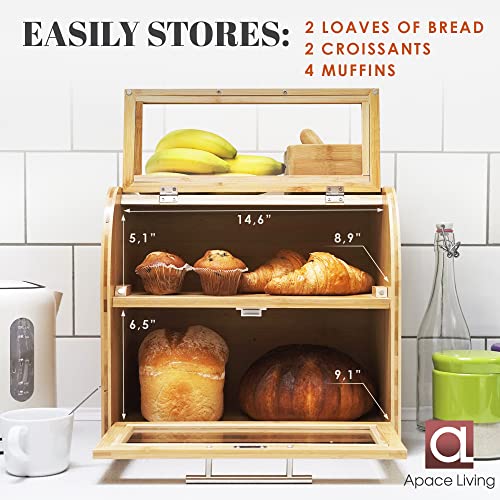 Arise Stylish Bamboo Bread Box for Kitchen Countertop, Extra Large 2-Shelf Wooden Bread Storage with Clear Windows and Air Vents Keeps Bread, Bagels and Rolls Fresh, Self Assembly