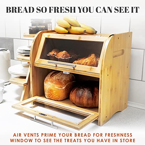 Arise Stylish Bamboo Bread Box for Kitchen Countertop, Extra Large 2-Shelf Wooden Bread Storage with Clear Windows and Air Vents Keeps Bread, Bagels and Rolls Fresh, Self Assembly