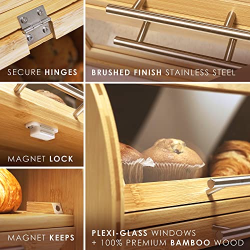 Arise Stylish Bamboo Bread Box for Kitchen Countertop, Extra Large 2-Shelf Wooden Bread Storage with Clear Windows and Air Vents Keeps Bread, Bagels and Rolls Fresh, Self Assembly