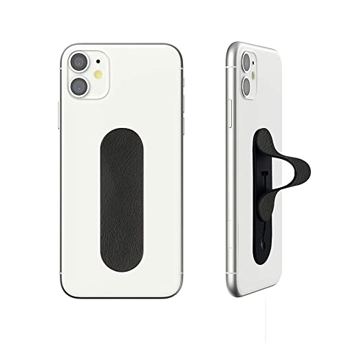 Momostick Flatstick, Cell Phone Finger Grip Strap Holder for Hand, Cell Phone Stand, New Slim Finger Loop Selfie Grip Compatible with Most Smartphones - Black (PU) Leather